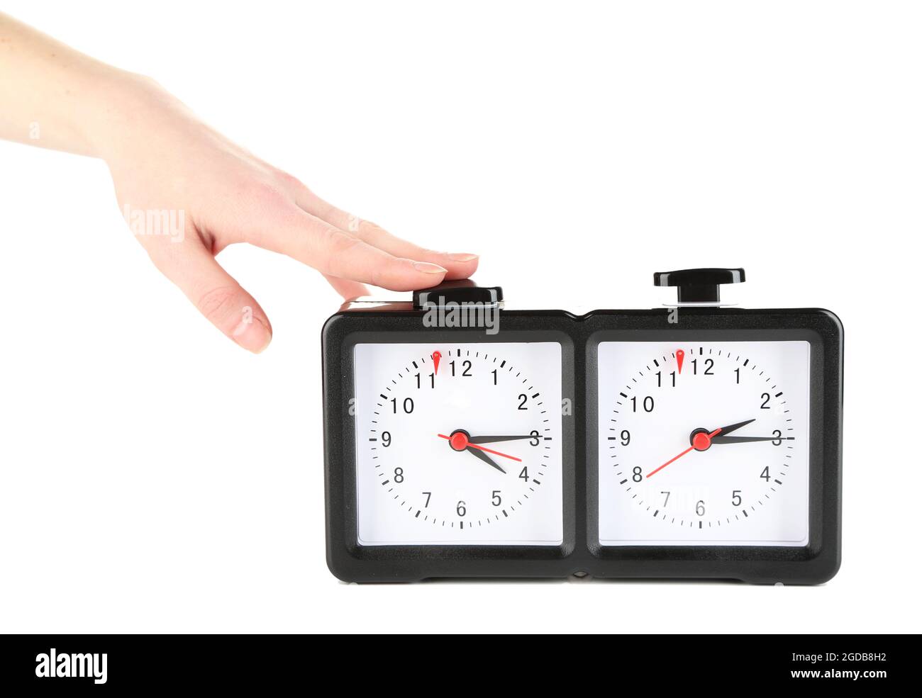 Hand pushing chess clock, isolated on white Stock Photo - Alamy