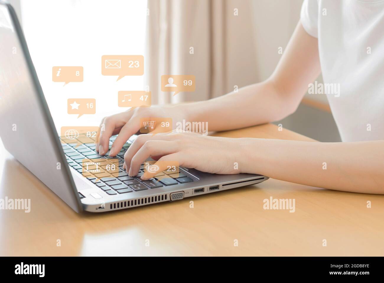 Woman hands using social network with laptop, Social media and ...