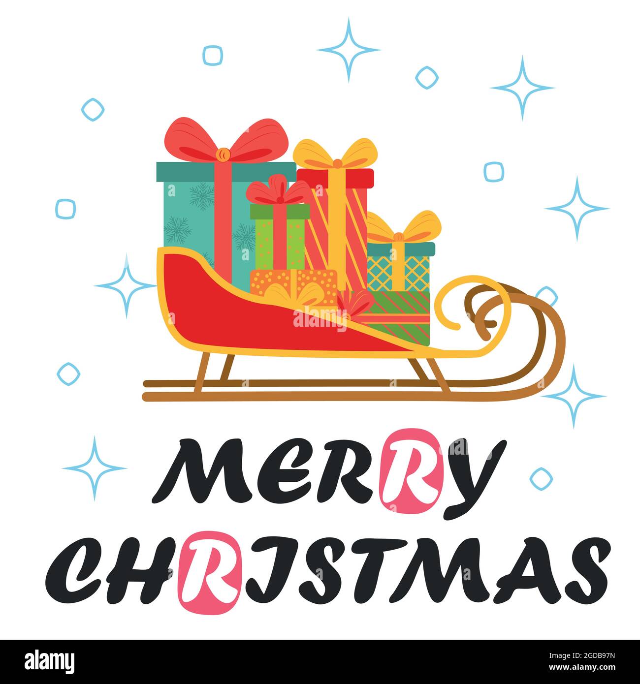 Christmas sledge with present boxes, flat design, postcard, gift card ...