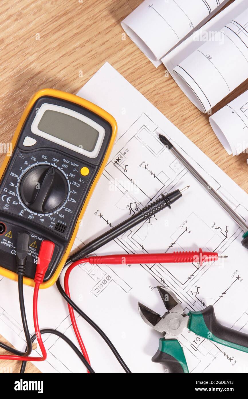 Electrical construction blueprint, drawings or diagrams, multimeter for ...