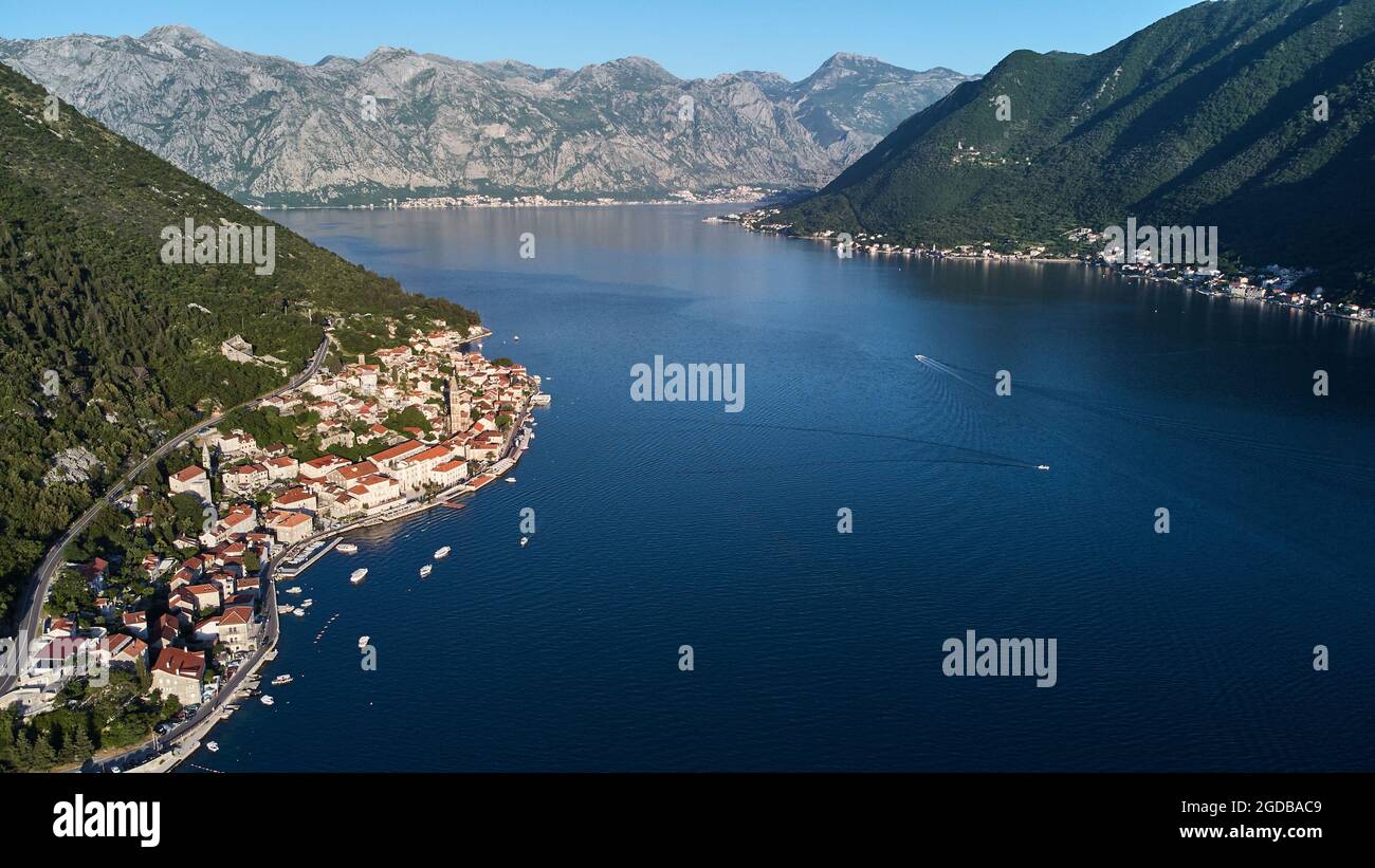 Aerial view of the town of Perast and the Bay of Kotor in Montenegro ...