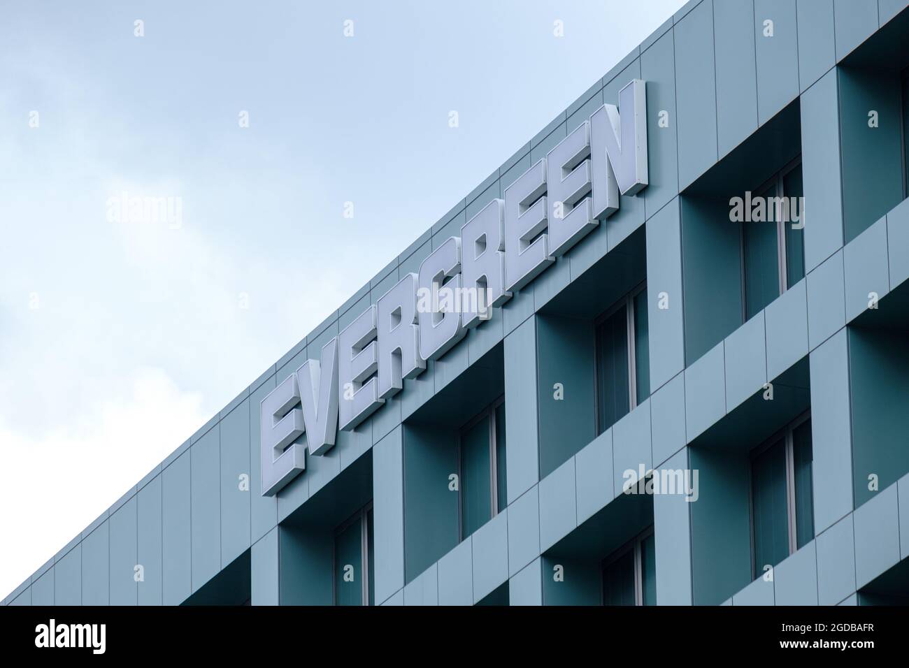 The logo of Evergreen Marine Corporation seen on the façade of the ...