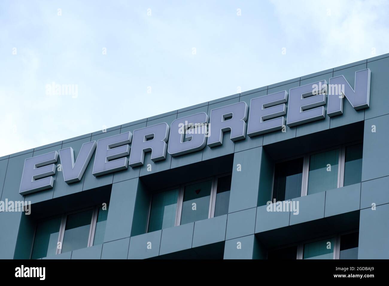 The logo of Evergreen Marine Corporation seen on the façade of the ...
