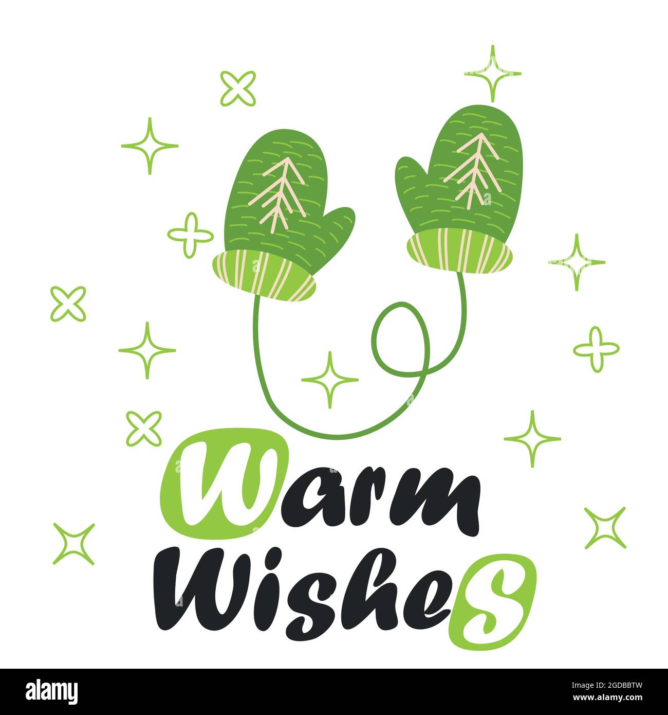 Christmas card with green mittens and lettering. Warm wishes. Cute ...