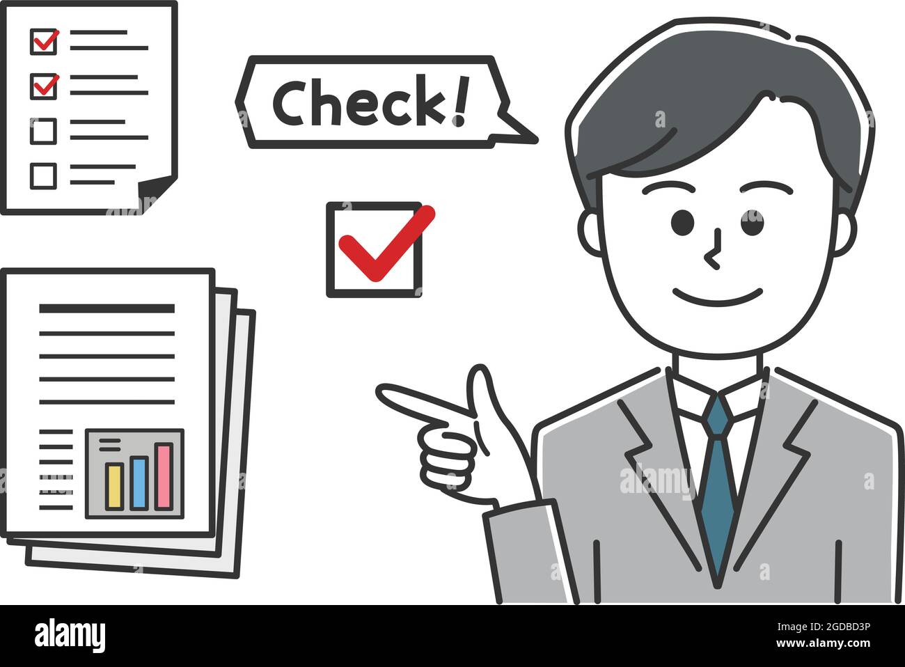 A businessman checking business documents. Vector illustration isolated ...