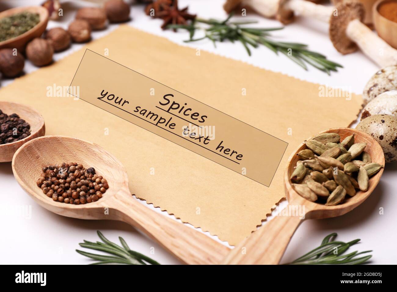 Different spices and blank paper, isolated on white Stock Photo - Alamy
