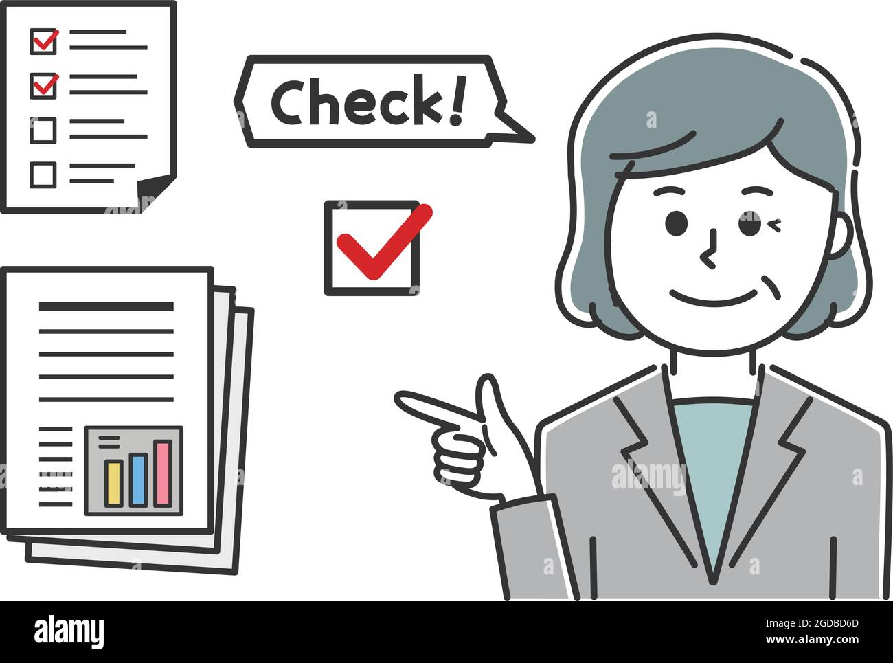 A woman checking business documents. Vector illustration isolated on ...