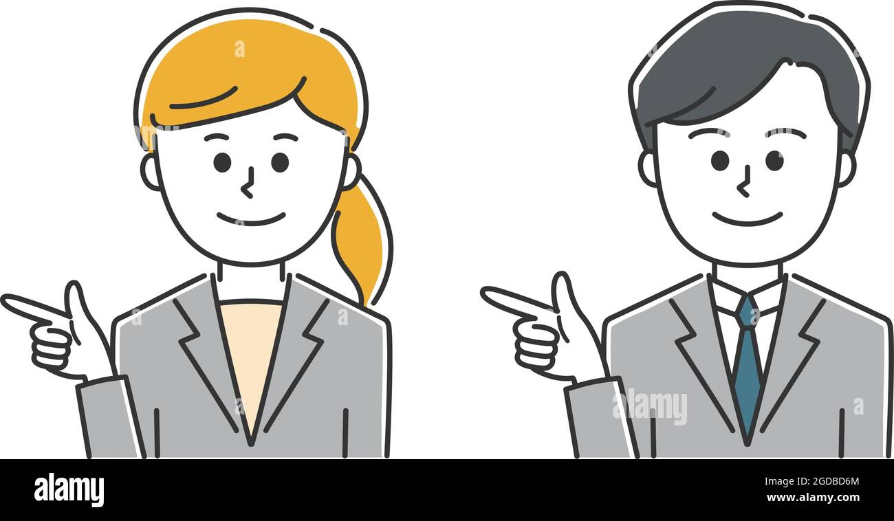 Young man and woman wearing a suit directing someone to somewhere ...