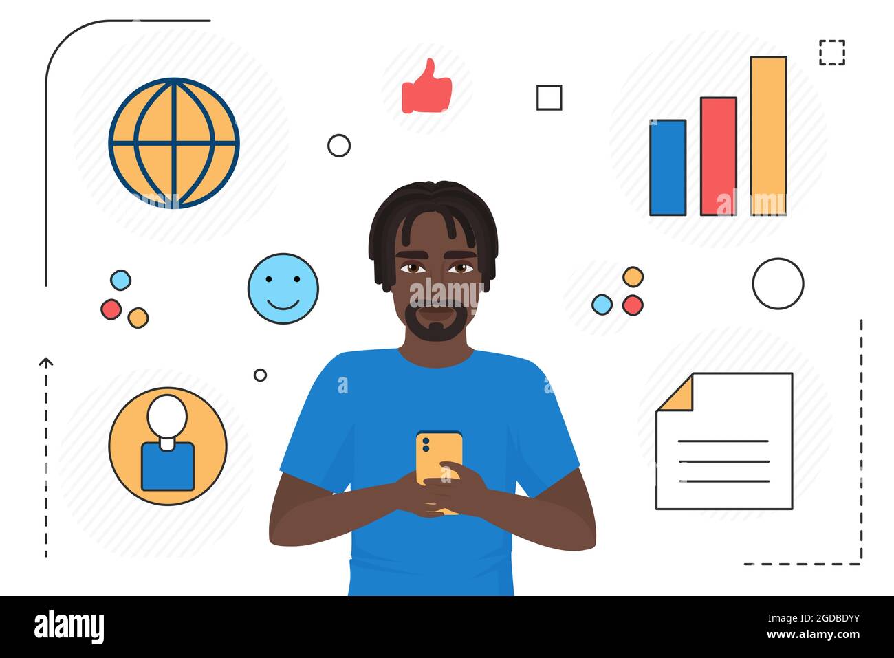 Business analysis online, man character and graph data line icons ...