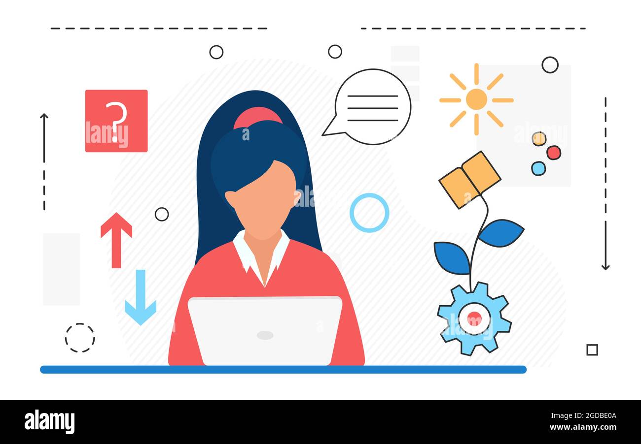 Business education, woman character with laptop and learning line icons ...