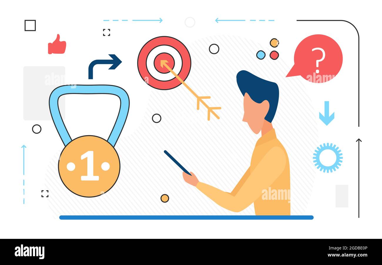 Business success, man character and first place, achievement line icons ...