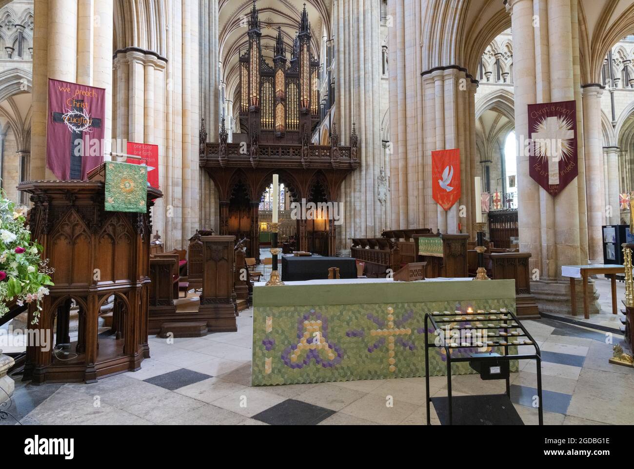 The nave altar and organ, Beverley Minster interior, Beverley Yorkshire ...