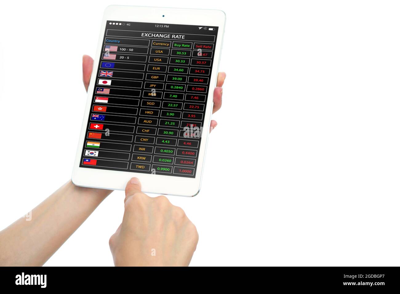 Hands holding tablet with currency exchange rates Stock Photo - Alamy