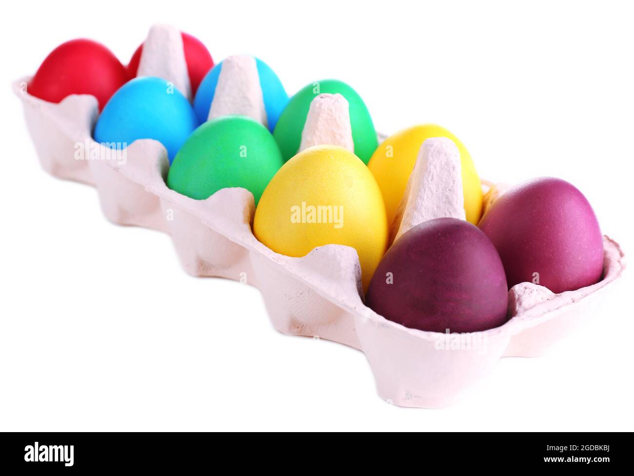 Colorful Easter eggs in tray isolated on white Stock Photo - Alamy