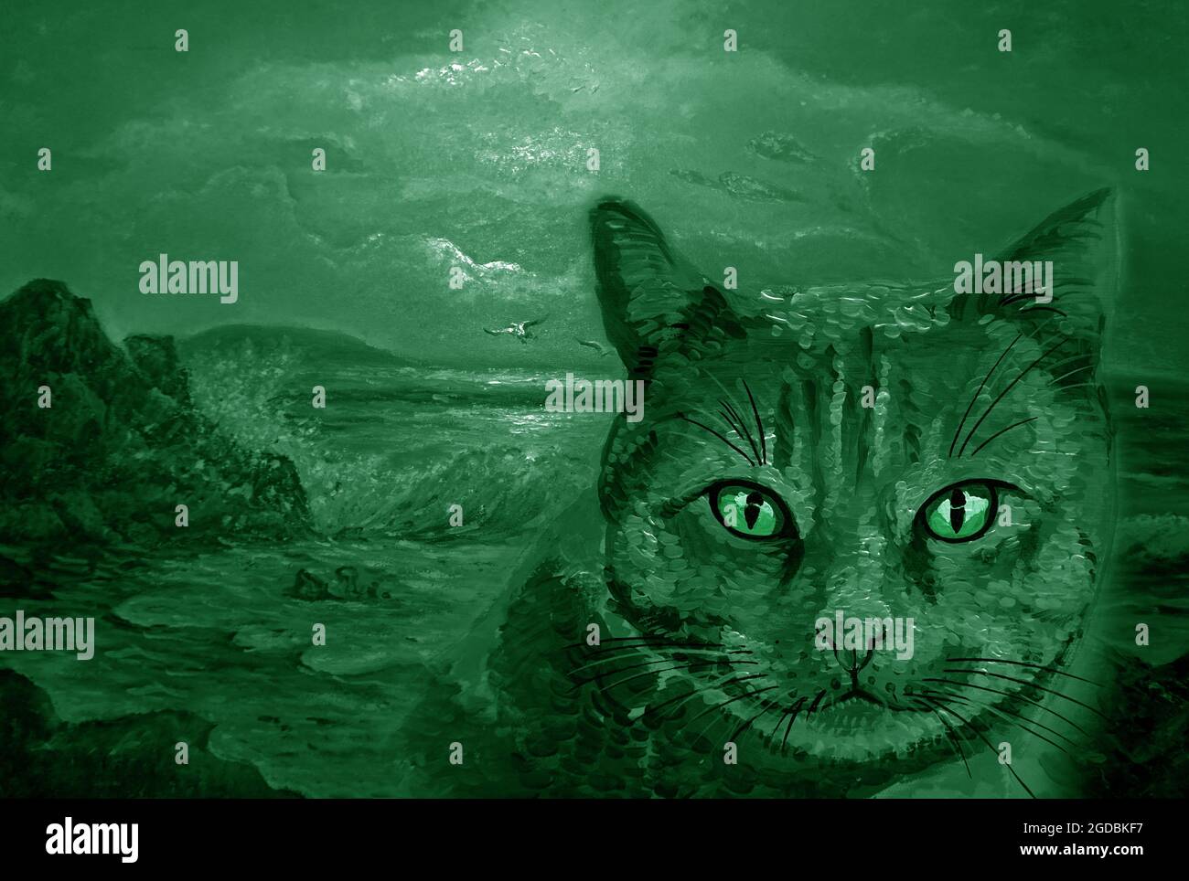 Hand drawn,Art ,painting ,Oil color, cute cat , monochrome , meaow ...