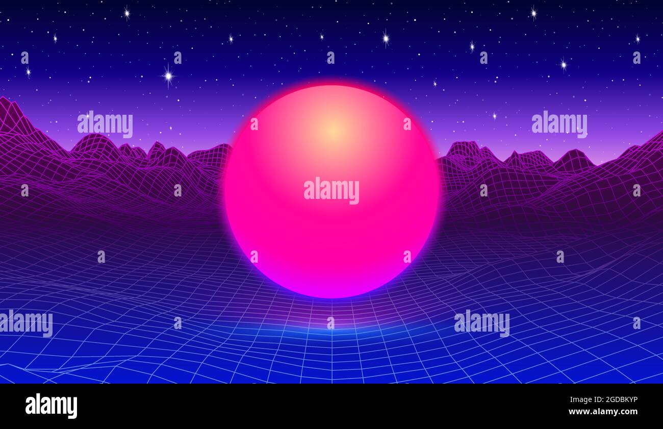 80s synthwave styled landscape with red hot shiny ball, grid mountains ...