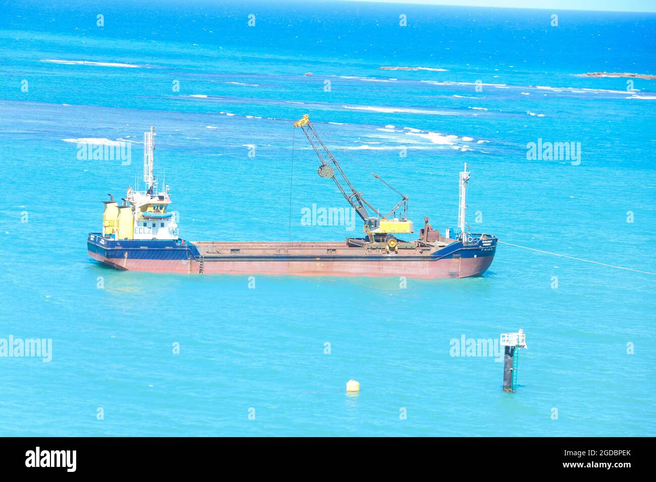 Hopper dredger at sea.Vessel engaged in dredging. Construction Marine ...