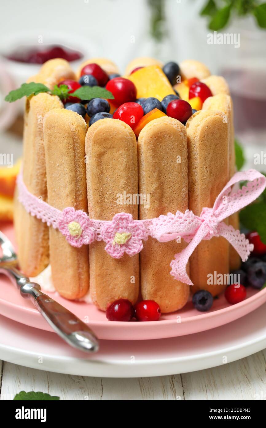 Tiramisu with peach, blueberry and cranberry on a white plate Stock ...