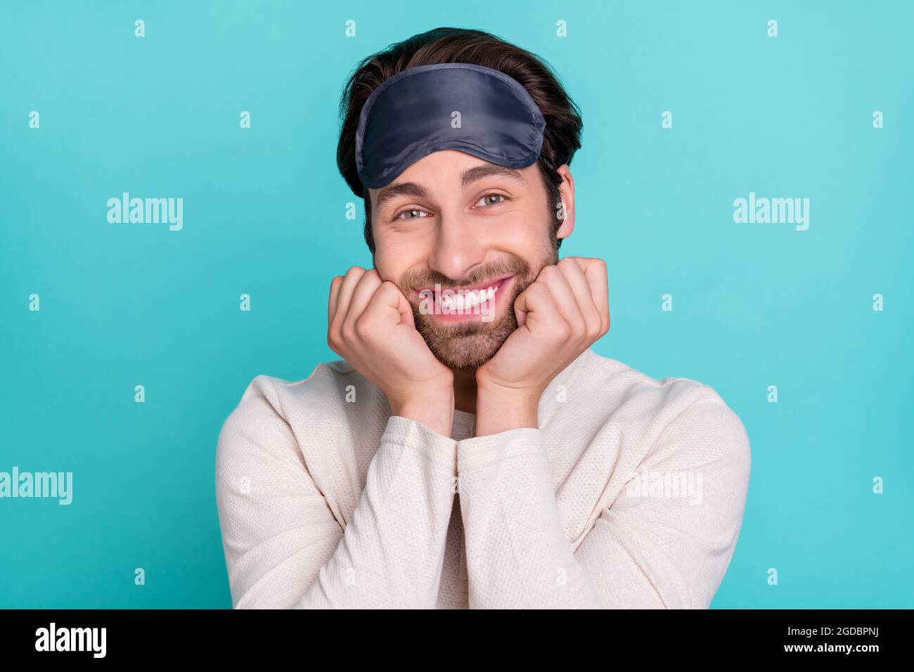 Photo of young cheerful man happy positive smile hands touch cheeks ...