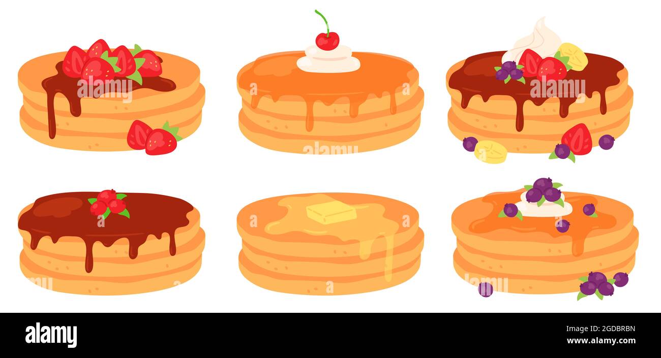Cartoon breakfast pancake stacks with maple syrup and berry toppings ...