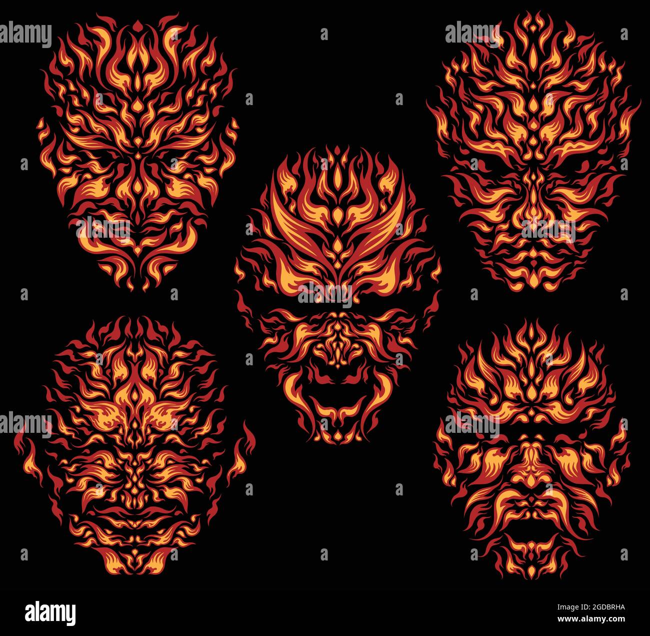Faces of fire. Design set. Editable hand drawn illustration. Vector ...
