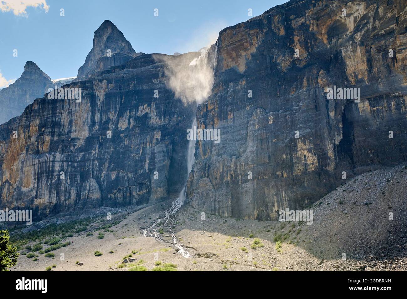 Waterfall fed from Stanley Glacier, tumbles from cliff face on side of ...
