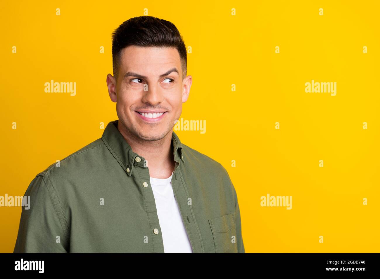 Portrait of attractive curious cheerful guy overthinking looking aside ...