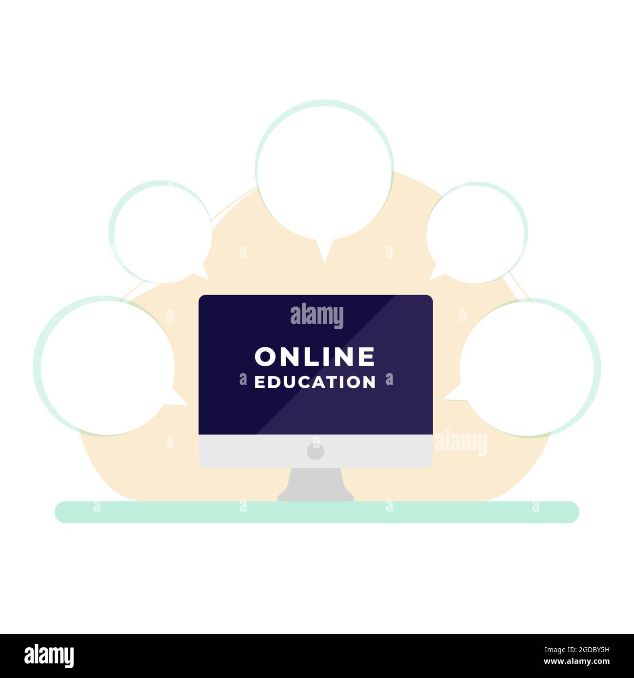 Online education concept. Desktop computer surrounded by speech bubbles ...