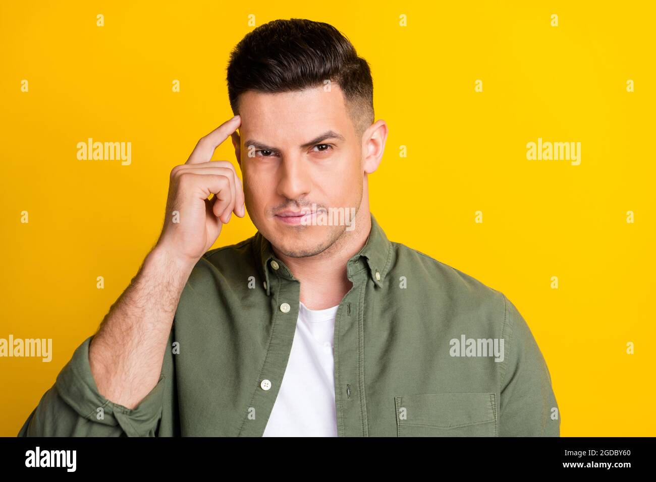 Photo of young man finger touch head memory remember think pensive ...