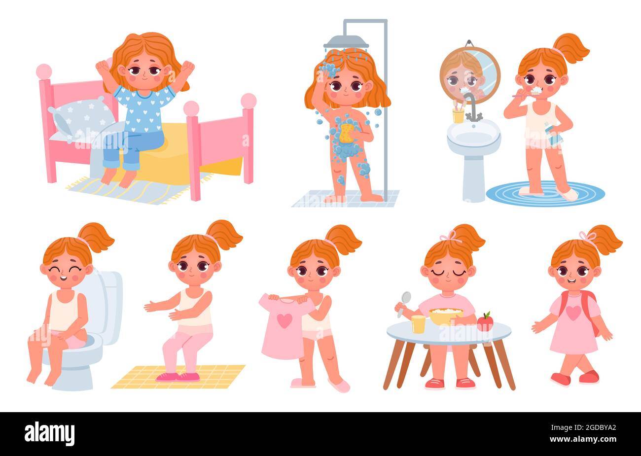 Daily Morning Routine Set Cartoon Little Girl Vector Image Daily Morning Routine Set Cartoon Little Girl Vector Image