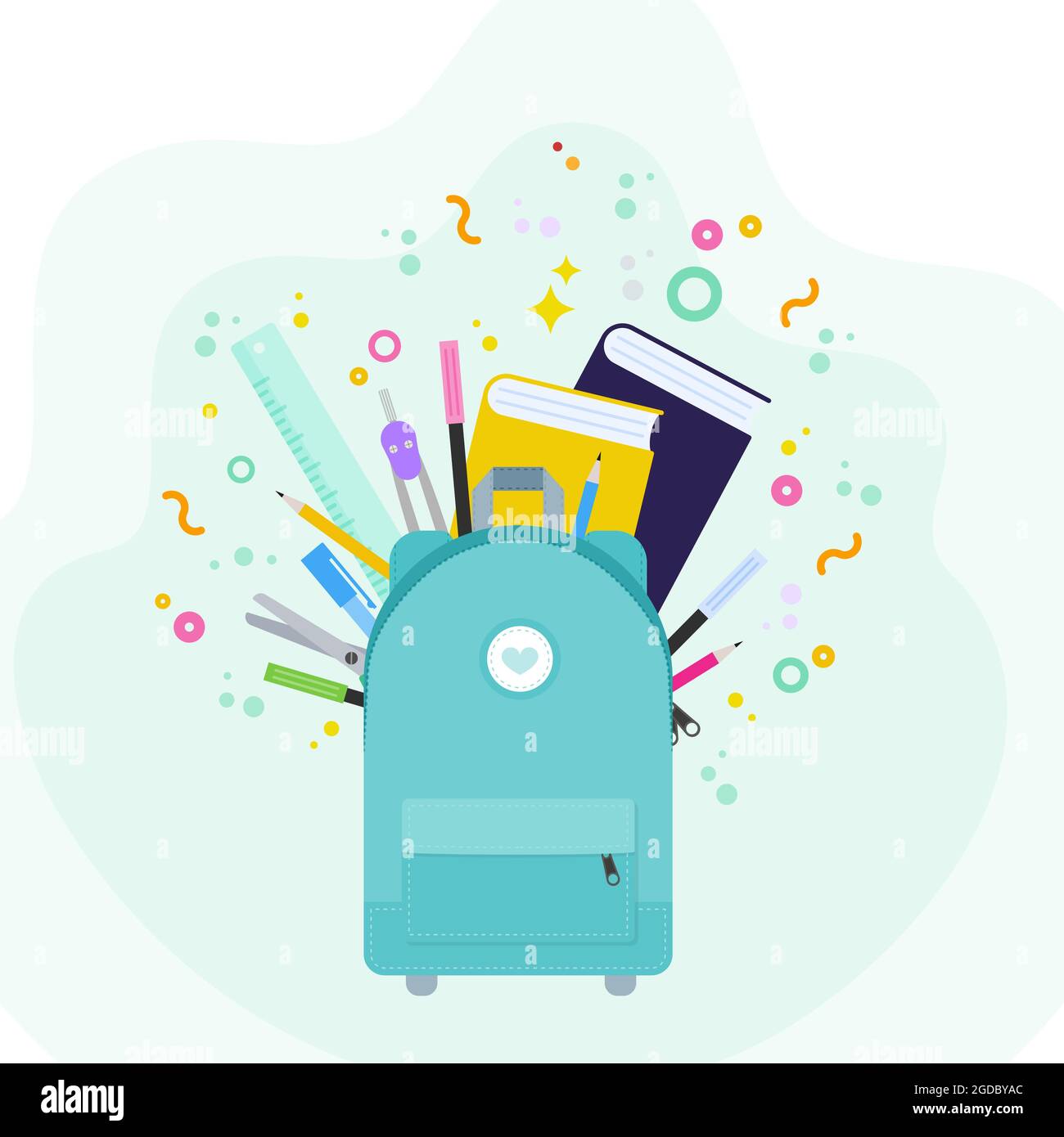 Backpack full of school supplies: marker pens, colorful pencils ...