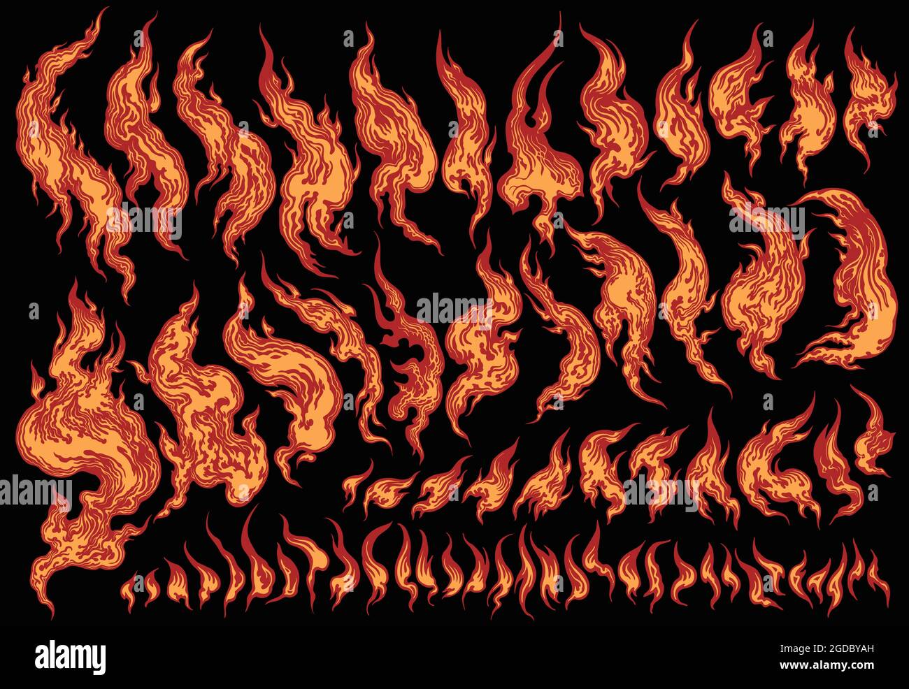 Flames. Design set. Editable hand drawn illustration. Vector engraving ...