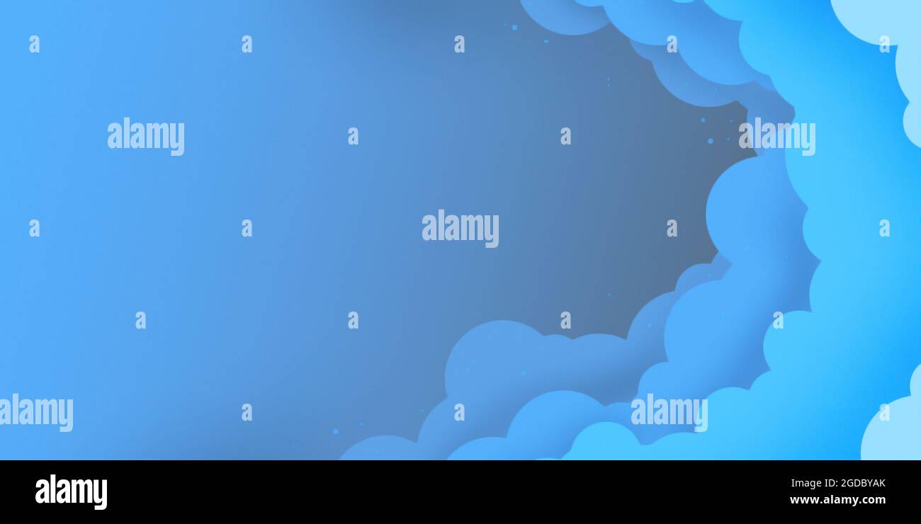 Banner with fluffy clouds with different shades on side of blue sky ...