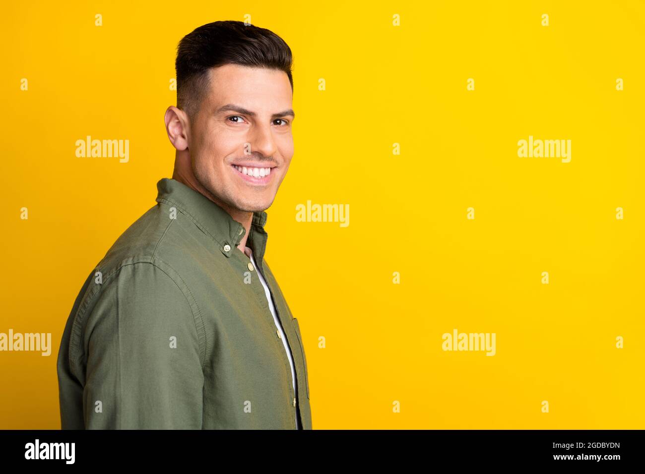 Profile side photo of young handsome man happy positive smile wear ...