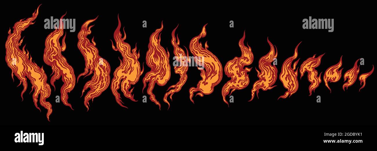 Flames. Design set. Editable hand drawn illustration. Vector engraving ...