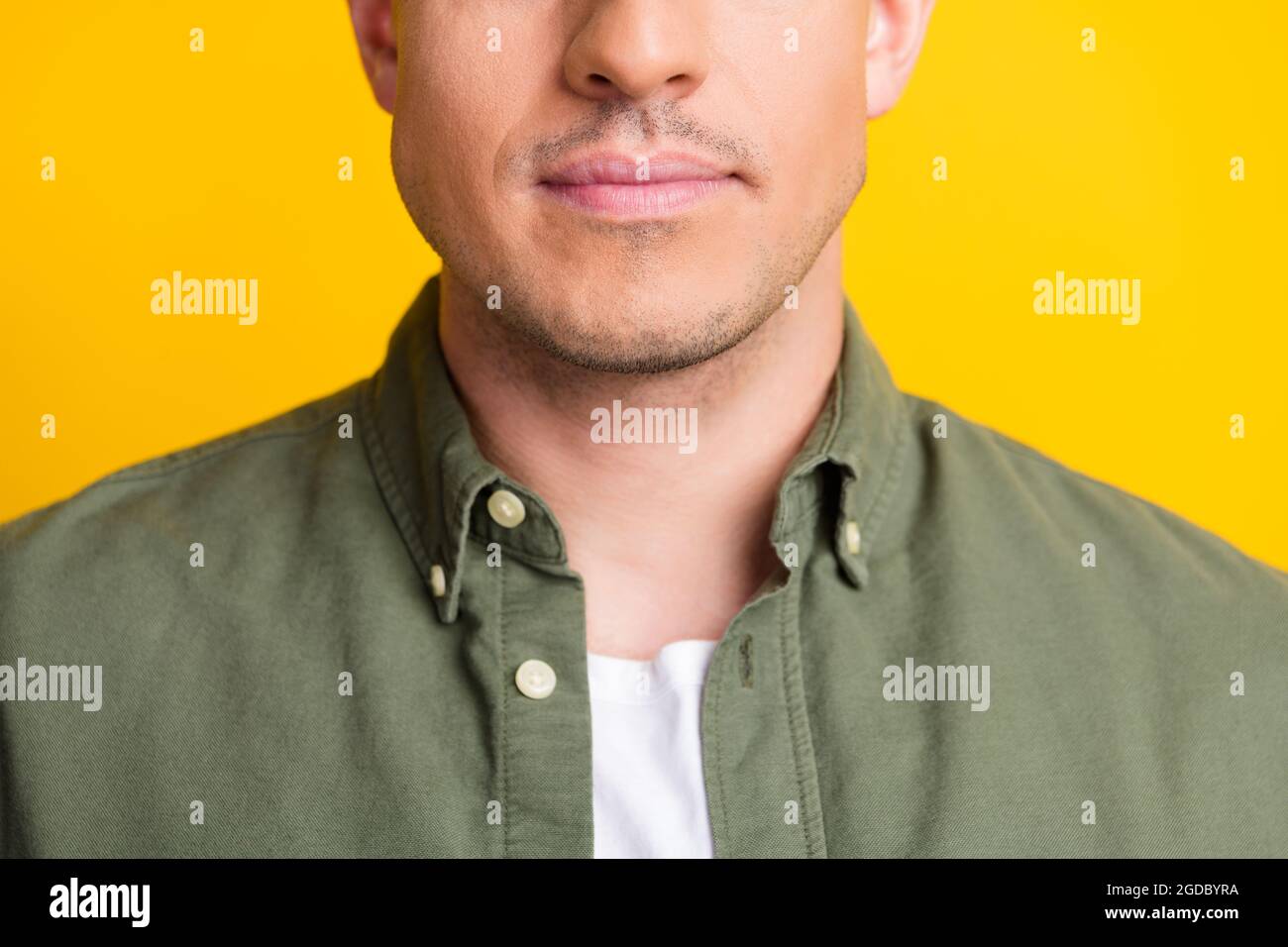 Cropped photo of young handsome man lips skincare lotion balm ...