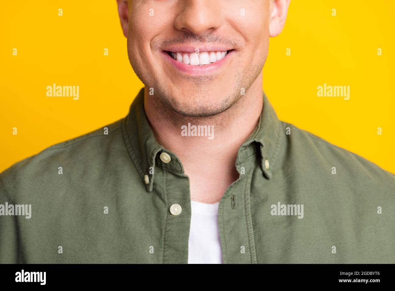 Cropped photo of young handsome man happy positive toothy smile veneers ...