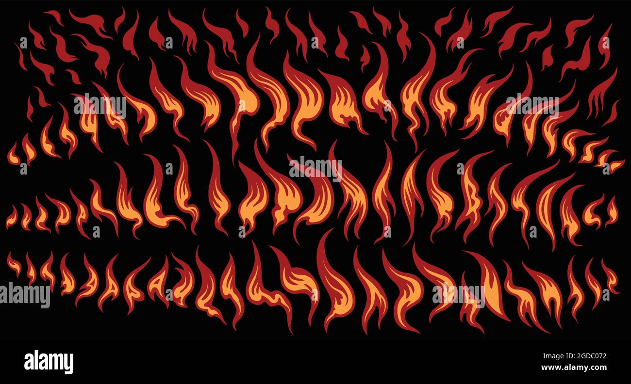 Flames. Design set. Editable hand drawn illustration. Vector engraving ...