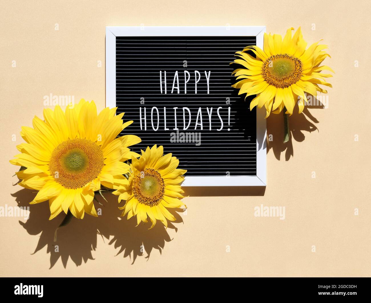 Happy Holidays, on letter board with sunflowers. Flat lay with natural ...