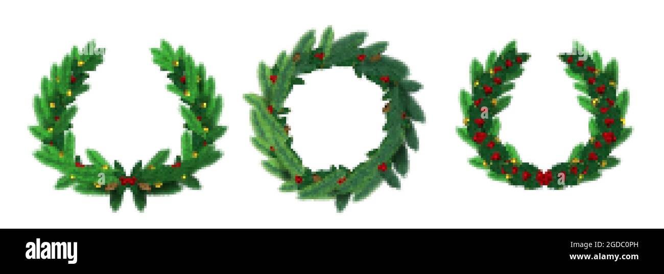 Realistic merry christmas natural wreaths with pine branches. Green fir ...