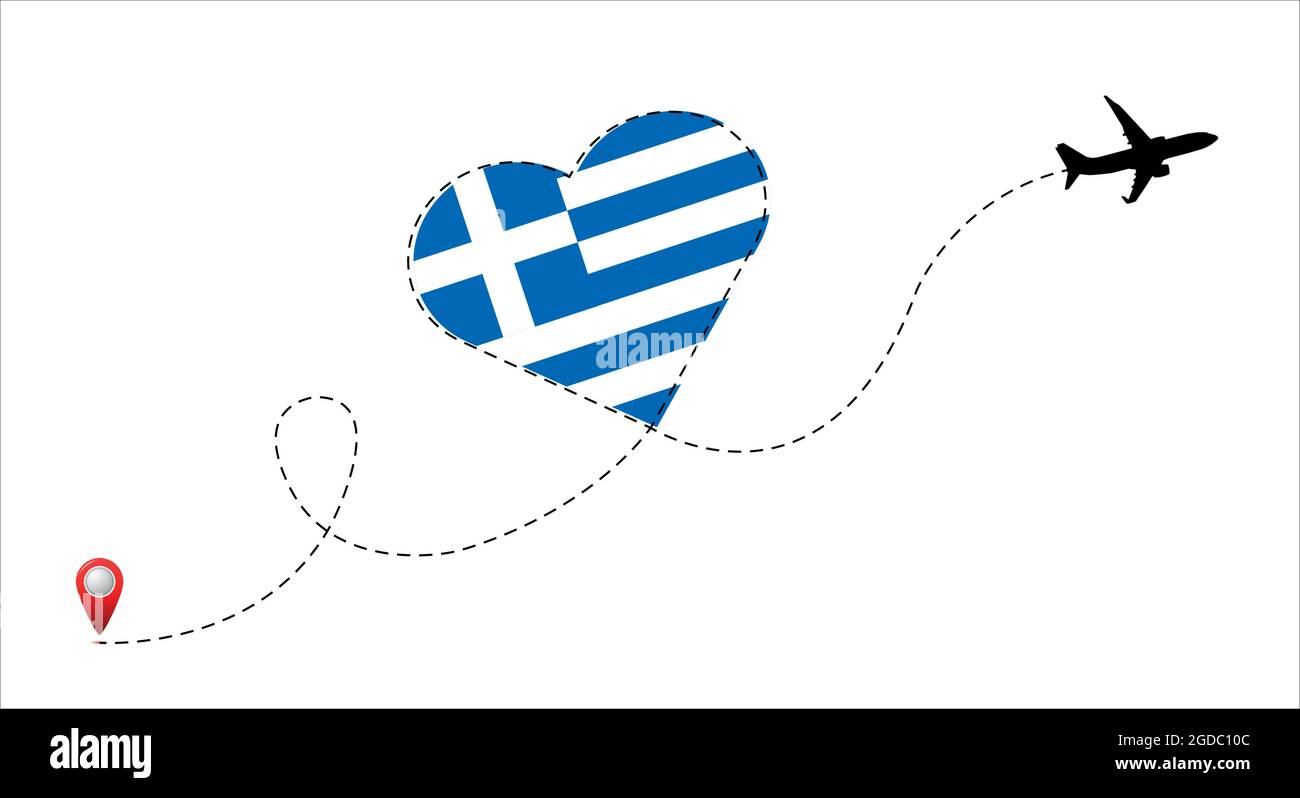 Airplane flight route with Greece flag inside the heart. Travel to your ...