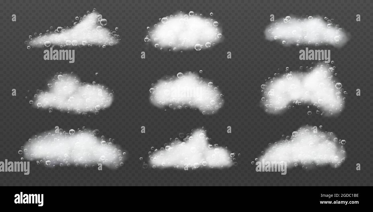 Soap foam with bubbles. Realistic shampoo white suds. Bath and shower ...