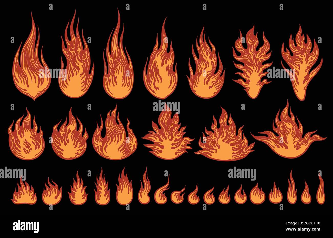 Flames. Design set. Editable hand drawn illustration. Vector engraving ...