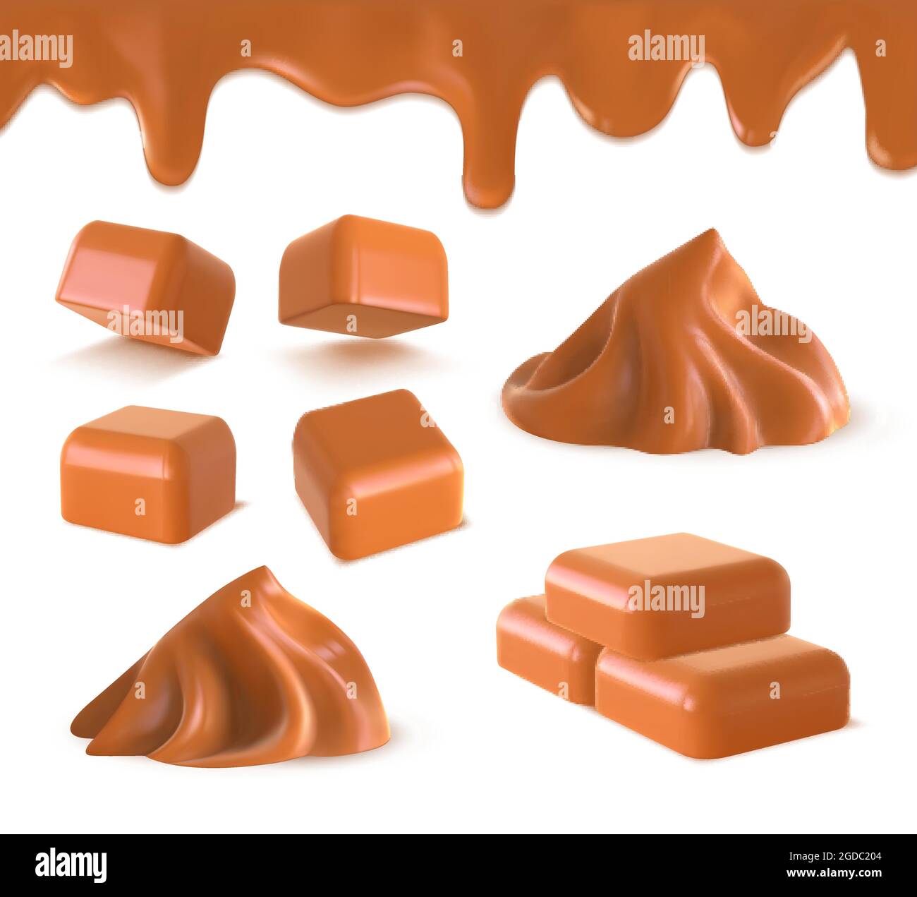 Realistic liquid caramel, cube toffee candies and peanut butter. 3D ...