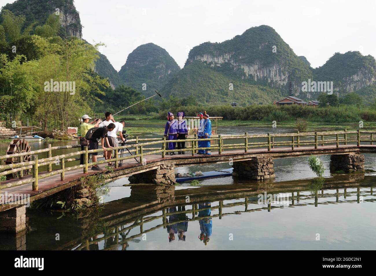 Aerial view of Equan Village against the sunset in Jingxi city, south ...