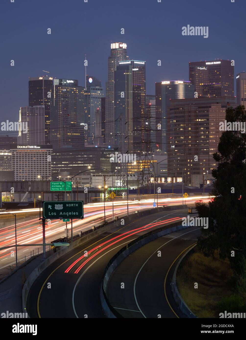 Pre-dawn commute into Los Angeles with light trails from cars Stock ...