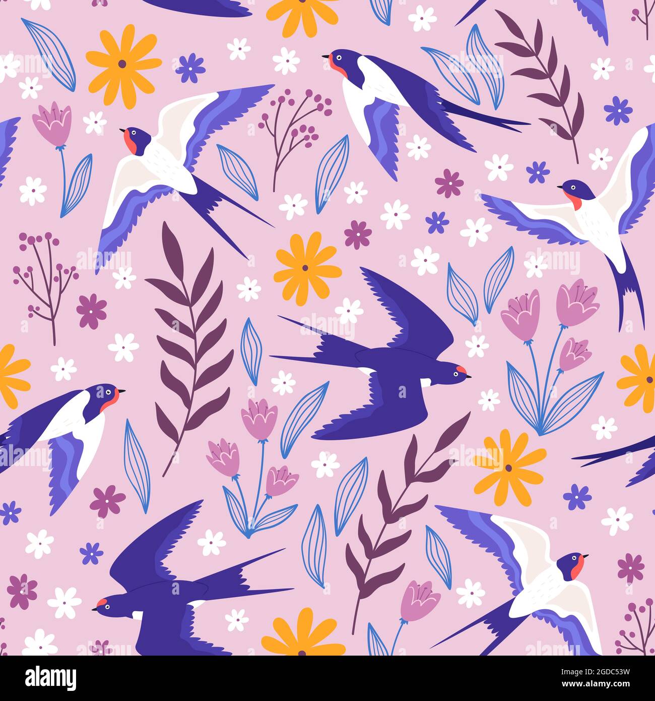 Vintage seamless pattern with flying swallows, flowers and plants ...