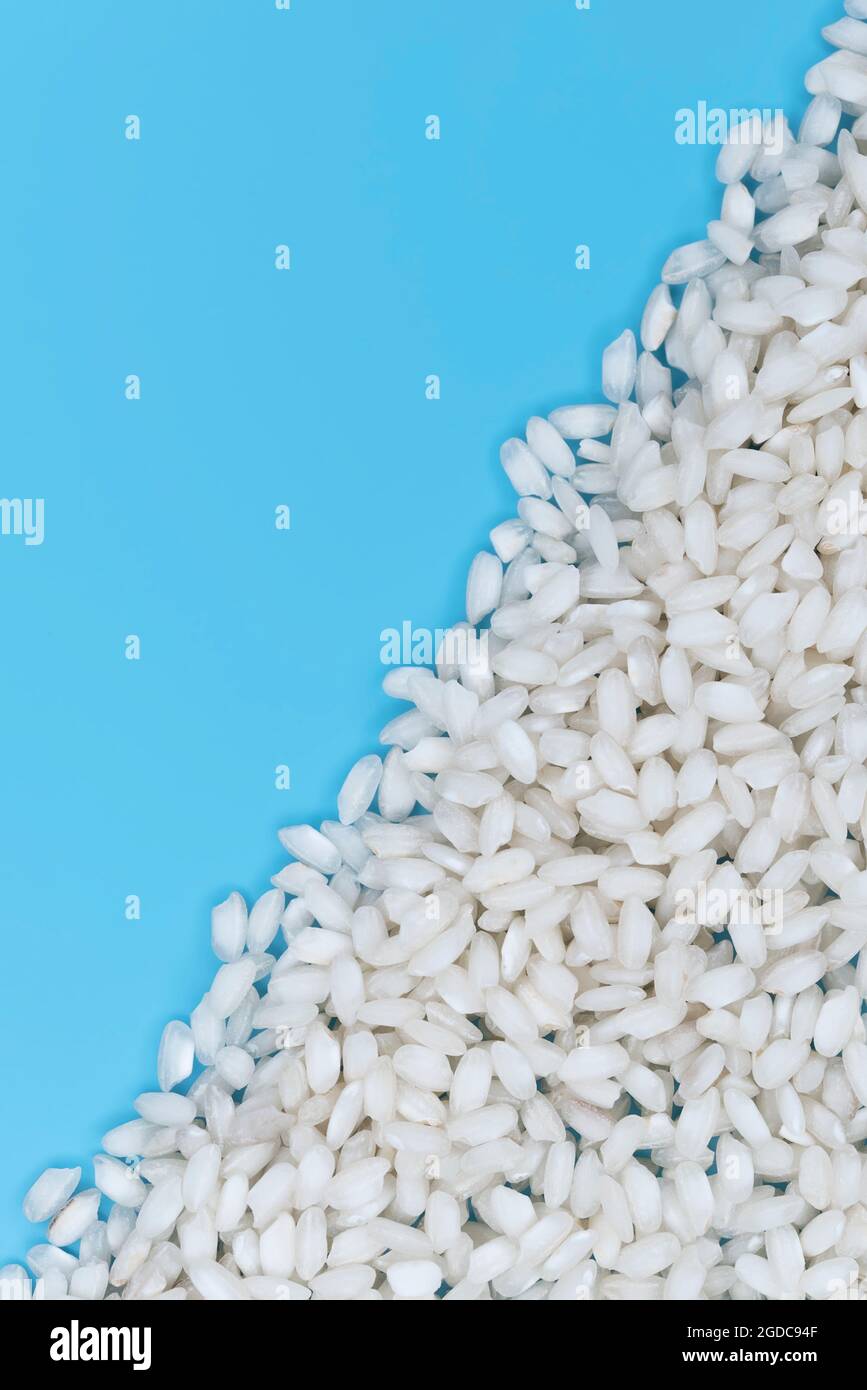 Close up shot of the white round rice on a blue background. Rice for ...
