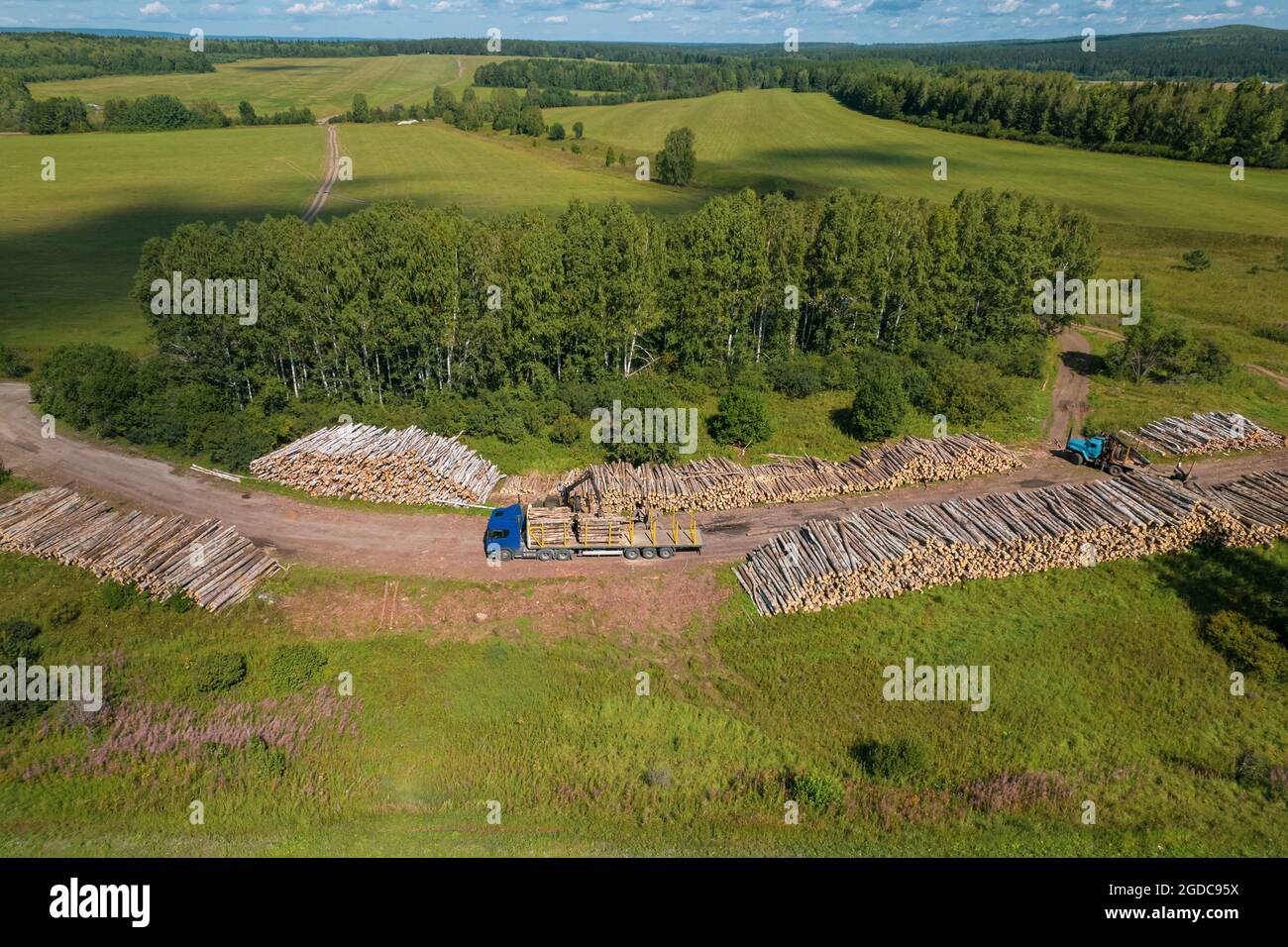 Flyover aerial shot of forest and deforestation over the mountain with ...