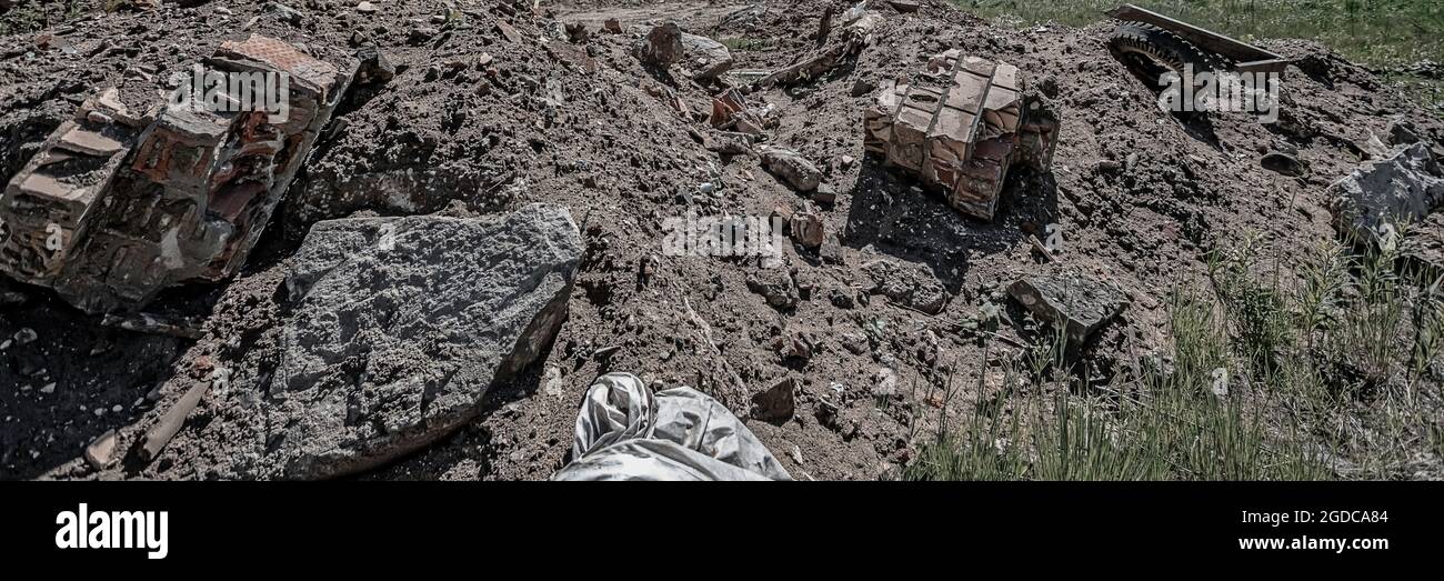 Garbage dump. Landfill of concrete, brick, debris, paper, dust ...